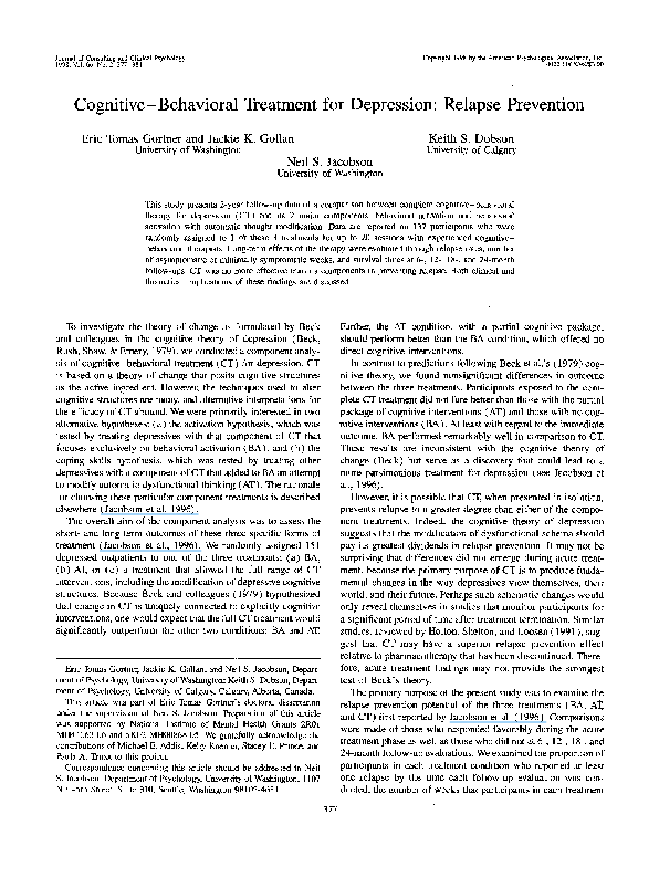(PDF) Cognitive-behavioral treatment for depression: Relapse prevention