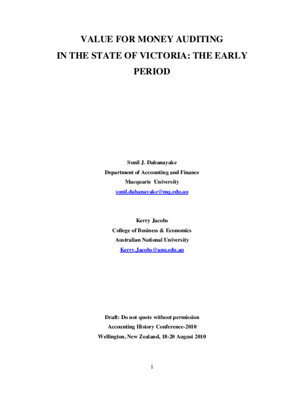 (PDF) Value for Money Auditing in the State of Victoria: The Early Period