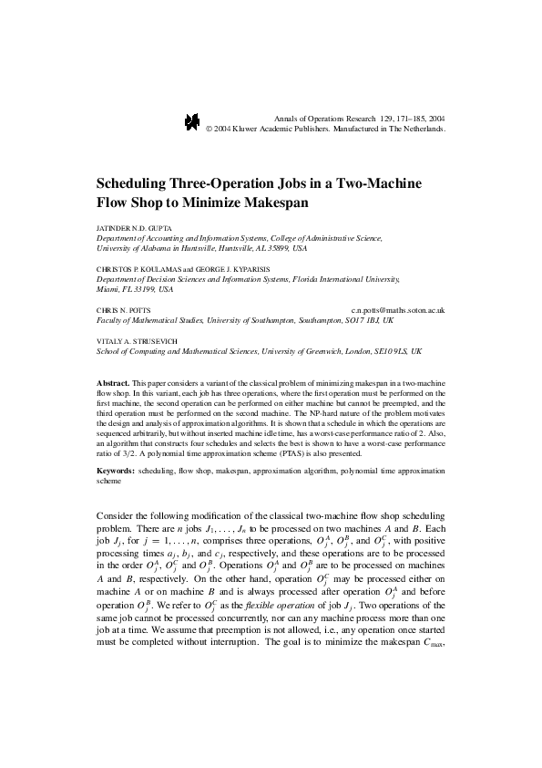(PDF) Scheduling three-operation jobs in a two-machine flow shop to minimize makespan