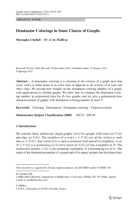 (PDF) Dominator Colorings in Some Classes of Graphs