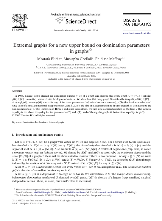 (PDF) Extremal graphs for a new upper bound on domination parameters in graphs