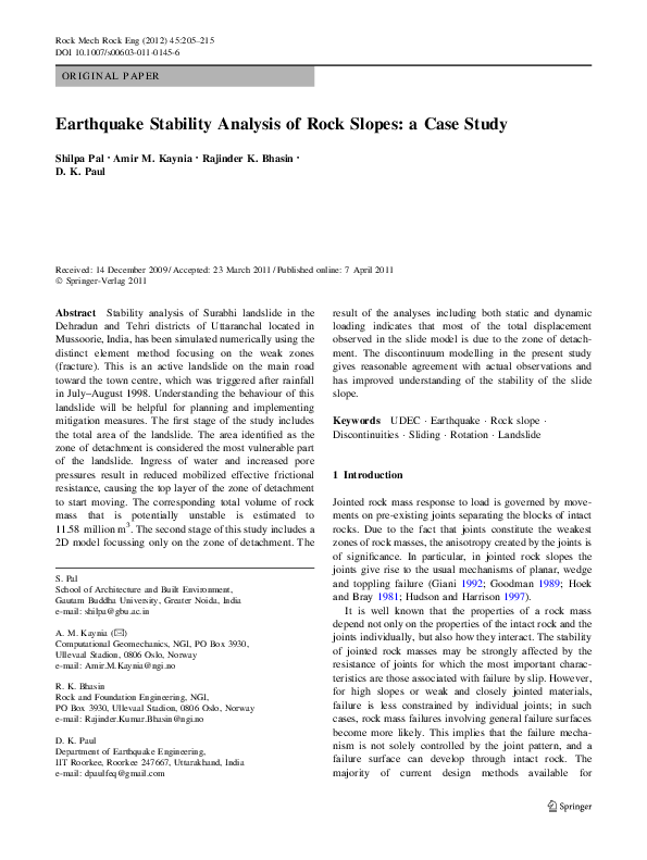 (PDF) Earthquake Stability Analysis of Rock Slopes: a Case Study