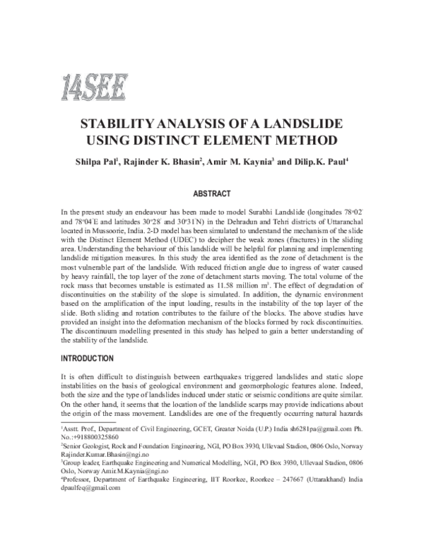 (PDF) STABILITY ANALYSIS OF A LANDSLIDE USING DISTINCT ELEMENT METHOD