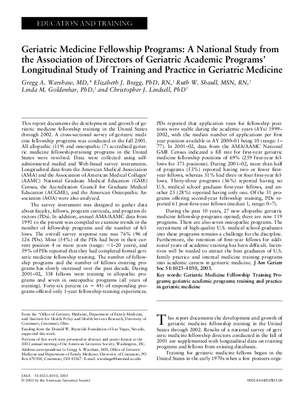 (PDF) Geriatric Medicine Fellowship Programs: A National Study from the ...