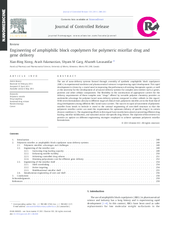 (PDF) Engineering of amphiphilic block copolymers for polymeric micellar drug and gene delivery