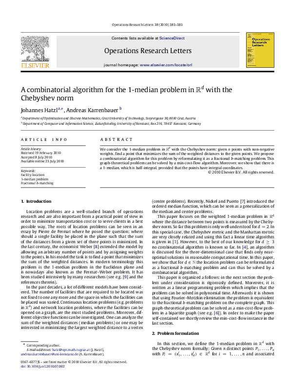 Pdf A Combinatorial Algorithm For The 1 Median Problem In With The Chebyshev Norm Johannes