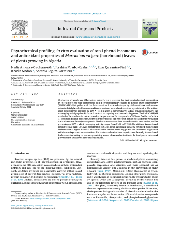 (PDF) Phytochemical profiling, in vitro evaluation of total phenolic contents and antioxidant ...