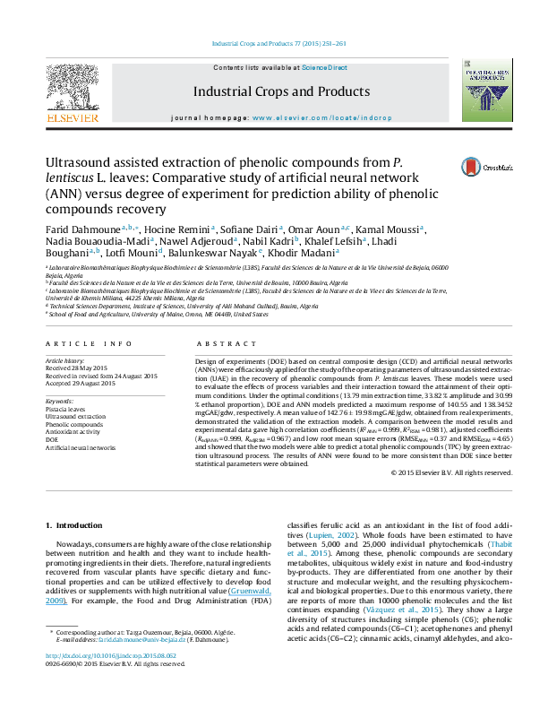 (PDF) Ultrasound assisted extraction of phenolic compounds from P ...