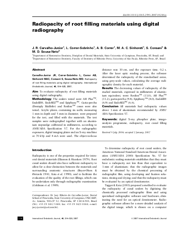 (PDF) Radiopacity of root filling materials using digital radiography