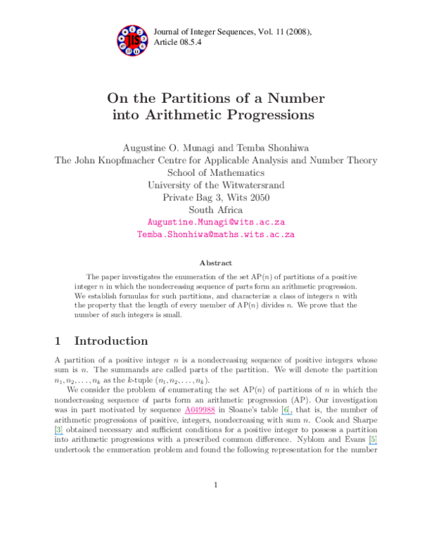 (PDF) On the Partitions of a number into arithmetic progressions