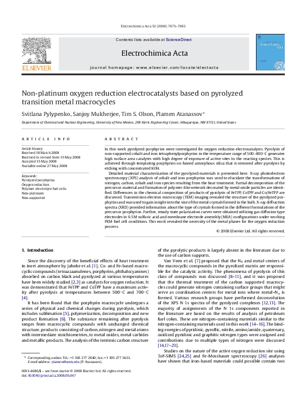 (PDF) Non-platinum oxygen reduction electrocatalysts based on pyrolyzed transition metal macrocycles