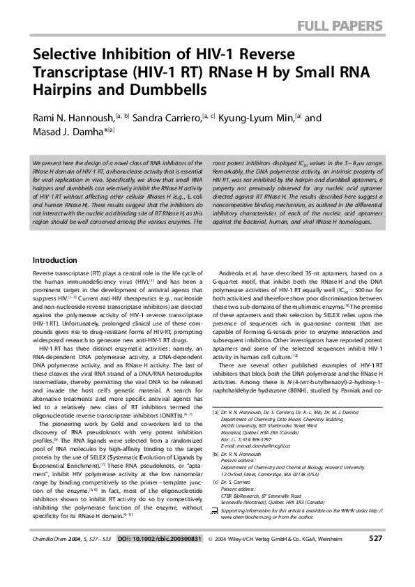 Pdf Selective Inhibition Of Hiv 1 Reverse Transcriptase Hiv 1 Rt Rnase H By Small Rna