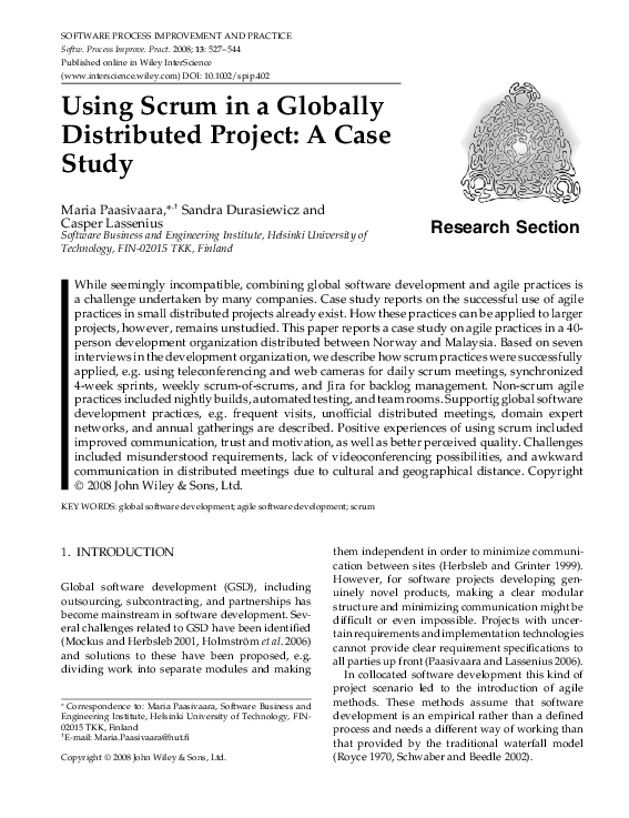 (PDF) Using scrum in a globally distributed project: a case study