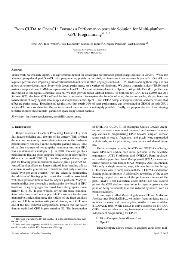 Pdf From Cuda To Opencl Towards A Performance Portable Solution For Multi Platform Gpu