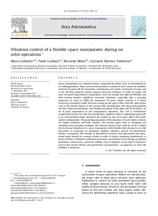 (PDF) Vibration control of a flexible space manipulator during on orbit operations