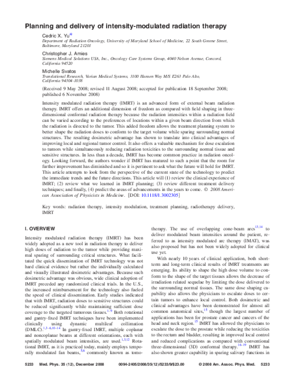 (PDF) Planning and delivery of intensity-modulated radiation therapy