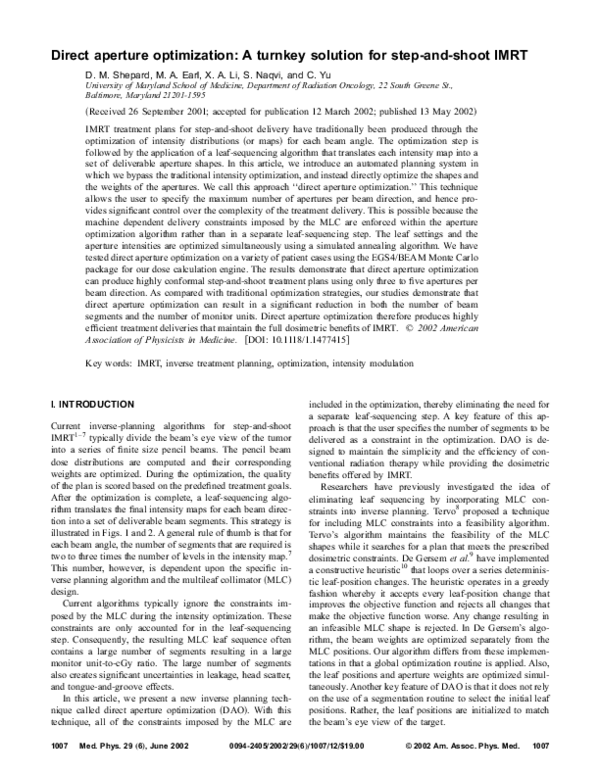(PDF) Direct aperture optimization: A turnkey solution for step-and-shoot IMRT