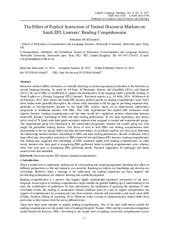 (PDF) The Effect of Explicit Instruction of Textual Discourse Markers on Saudi EFL Learners ...