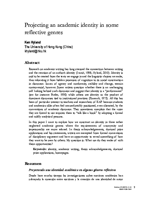 (PDF) Projecting an academic identity in some reflective genres