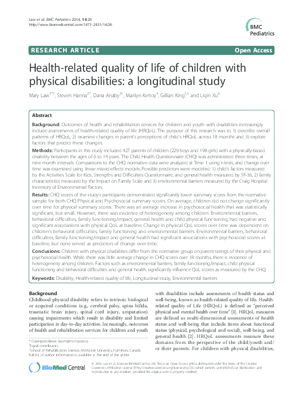(PDF) Health-related quality of life of children with physical ...