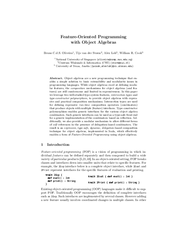 Pdf Feature Oriented Programming With Object Algebras