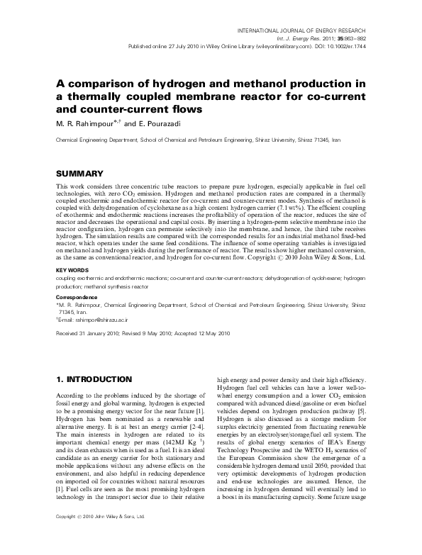 (PDF) Hydrogen vs Methanol Production in Coupled Membrane Reactors