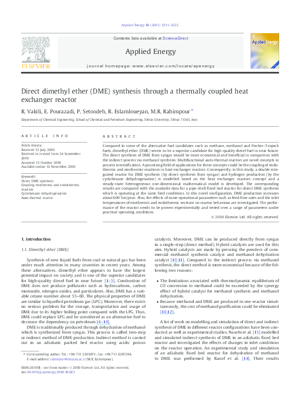 (PDF) Direct dimethyl ether (DME) synthesis through a thermally coupled ...