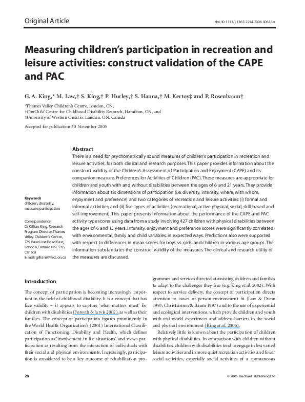 (PDF) Measuring children's participation in recreation and leisure ...