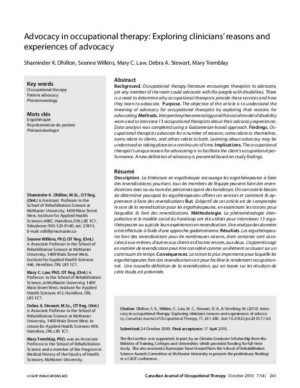 (PDF) Advocacy in occupational therapy: Exploring clinicians' reasons ...