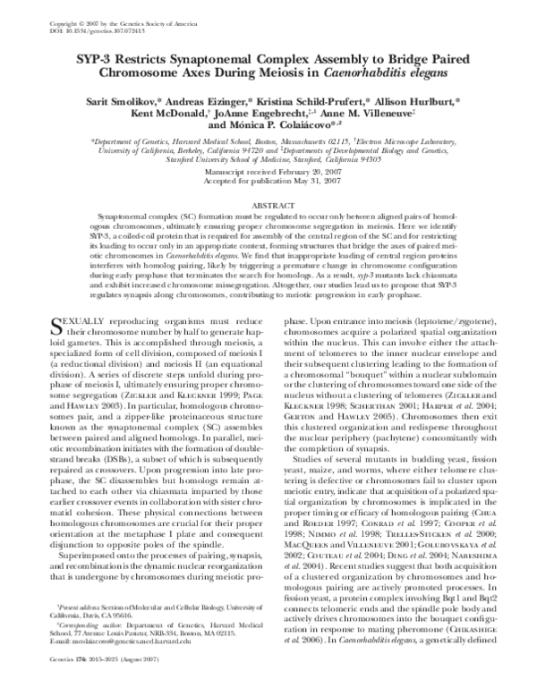 (PDF) SYP-3 Restricts Synaptonemal Complex Assembly to Bridge Paired ...