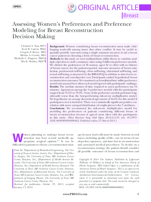 (PDF) Assessing women's preferences and preference modeling for breast reconstruction decision ...