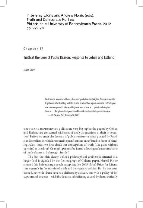 Truth at the Door of Public Reason: Response to Cohen and Estlund. 2012