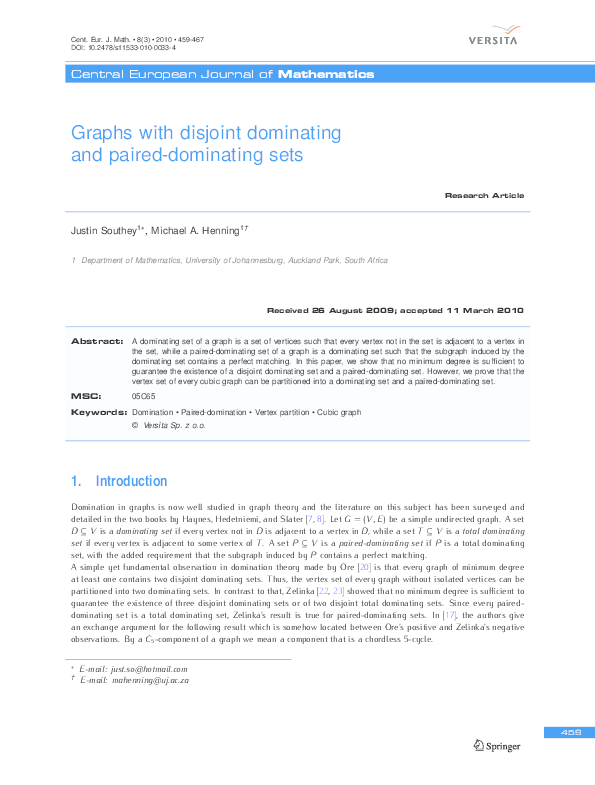 (PDF) Graphs with disjoint dominating and paired-dominating sets