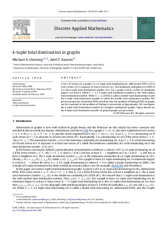 (PDF) k-tuple total domination in graphs