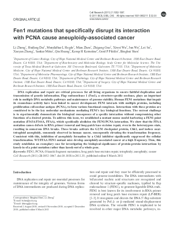 (PDF) Fen1 mutations that specifically disrupt its interaction with ...