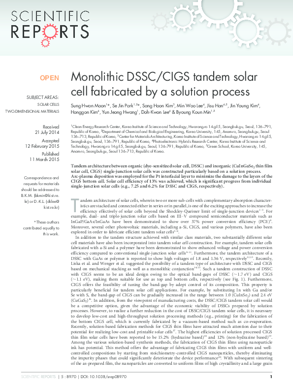 (PDF) Monolithic DSSC/CIGS tandem solar cell fabricated by a solution ...