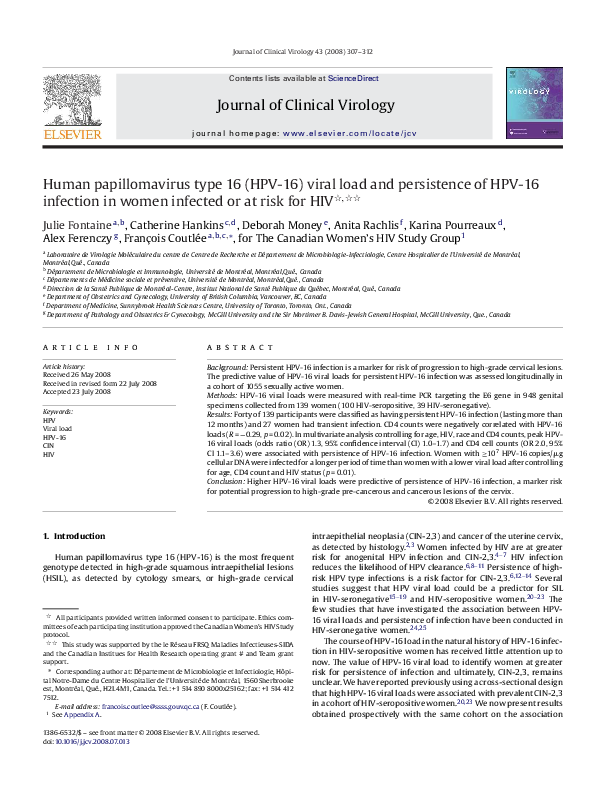 (PDF) Human papillomavirus type 16 (HPV-16) viral load and persistence of HPV-16 infection in ...