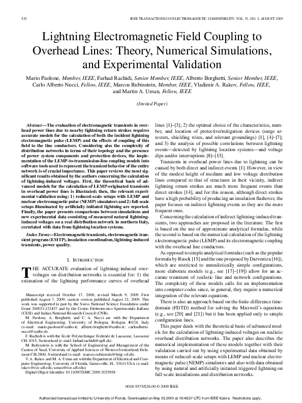 (PDF) Lightning Electromagnetic Field Coupling to Overhead Lines: Theory, Numerical Simulations ...