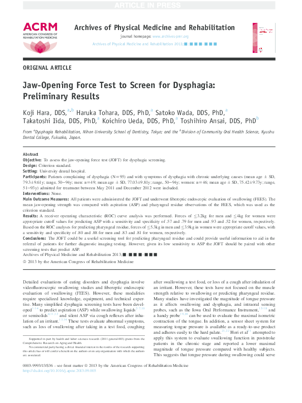 (PDF) Jaw-Opening Force Test to Screen for Dysphagia: Preliminary Results