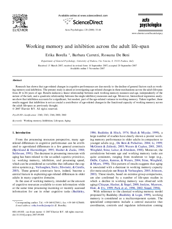 (PDF) Working memory and inhibition across the adult life-span | Rossana Beni - Academia.edu