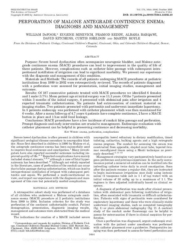 (PDF) Perforation of Malone Antegrade Continence Enema: Diagnosis and ...