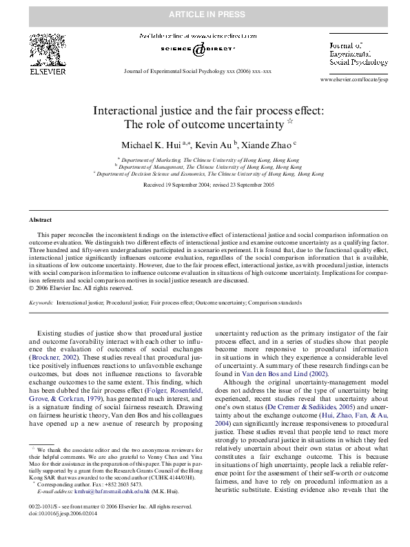 (PDF) Interactional justice and the fair process effect: The role of outcome uncertainty
