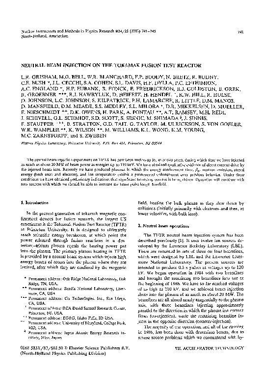(PDF) Neutral beam injection on the Tokamak fusion test reactor