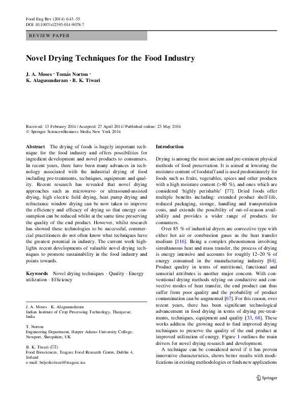 (PDF) Novel Drying Techniques for the Food Industry