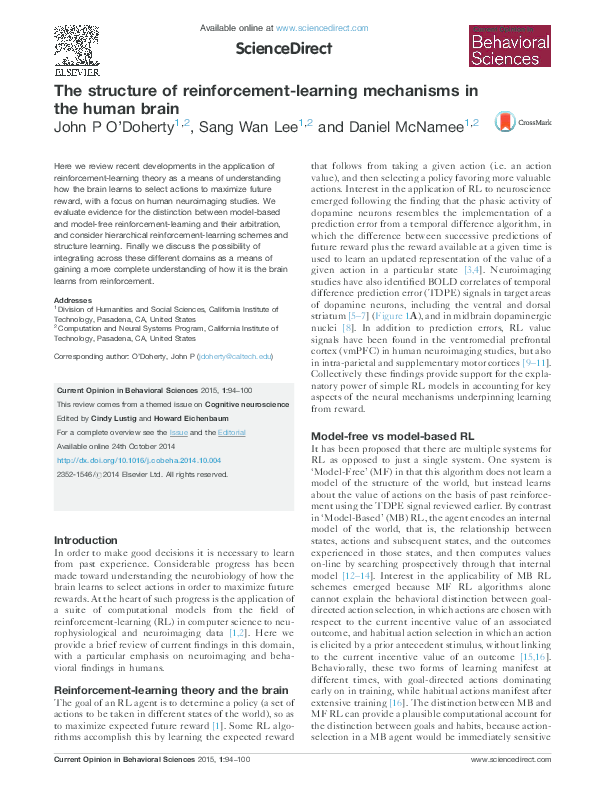 (PDF) The structure of reinforcement-learning mechanisms in the human brain