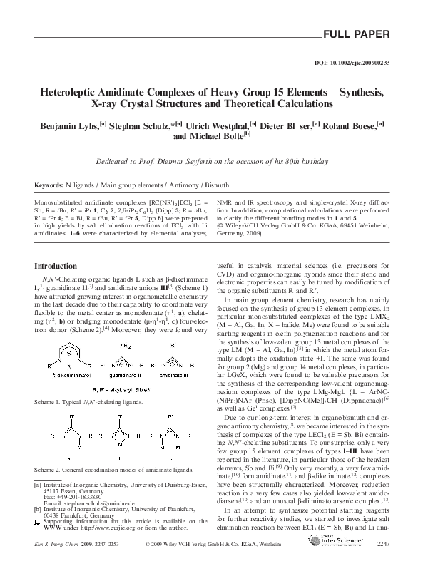 (PDF) Heteroleptic Amidinate Complexes of Heavy Group 15 Elements ...