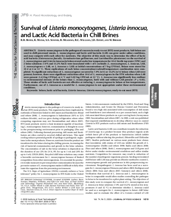 (PDF) Survival of Listeria monocytogenes , Listeria innocua, and Lactic ...