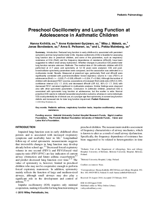 (PDF) Preschool oscillometry and lung function at adolescence in asthmatic children