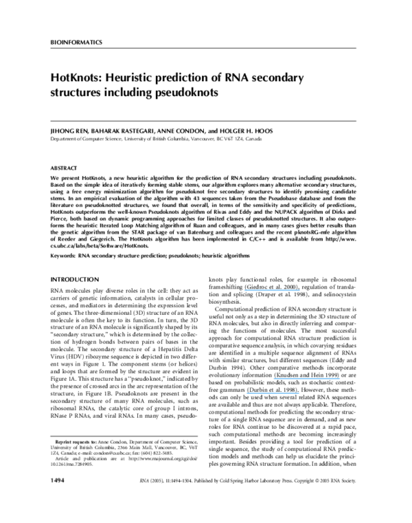 (PDF) HotKnots: heuristic prediction of RNA secondary structures including pseudoknots