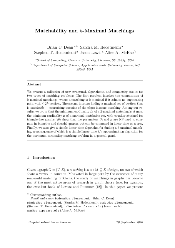 (PDF) Matchability and -maximal matchings